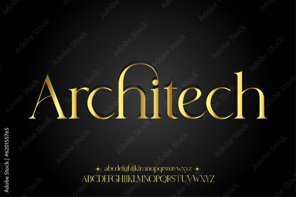 Vektorová grafika „ARCHITECH, Elegant golden alphabet letters font set ...