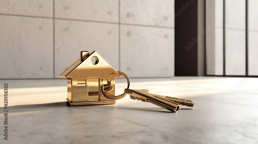 Gold key chain with golden modern house shape key holder on wooden ...
