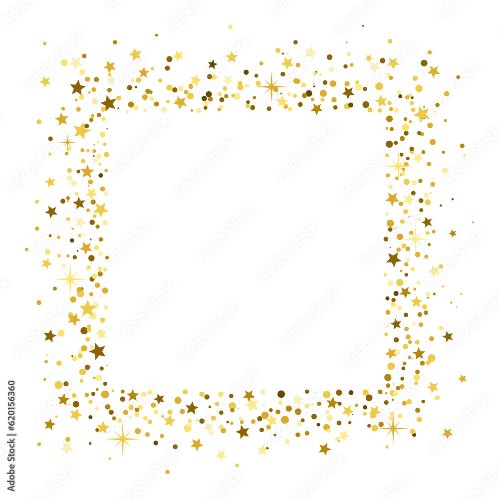 Gold flying star confetti square frame, holiday sparkle stardust border, png with transparent ...