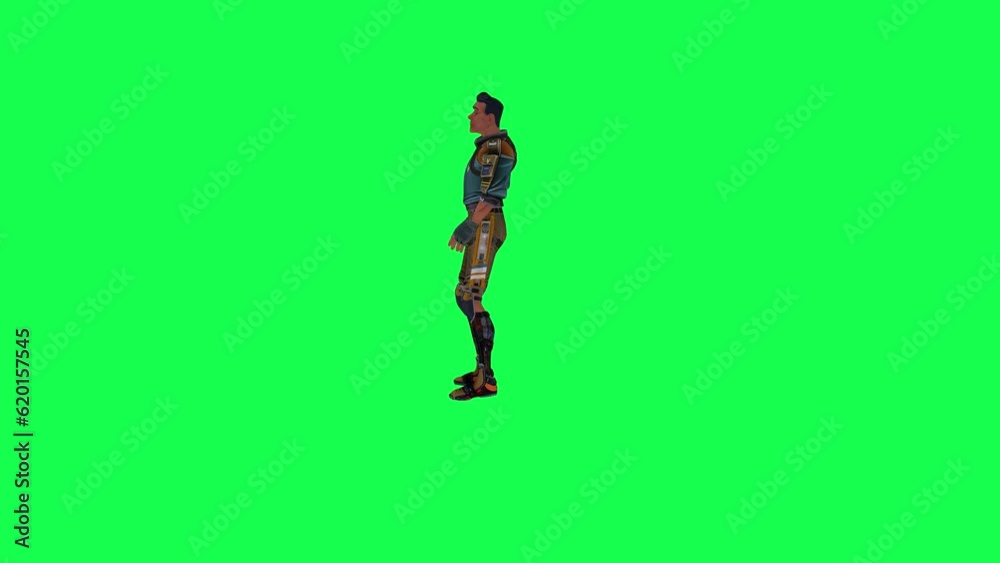 Animated man walking and checking around from front angle on green ...