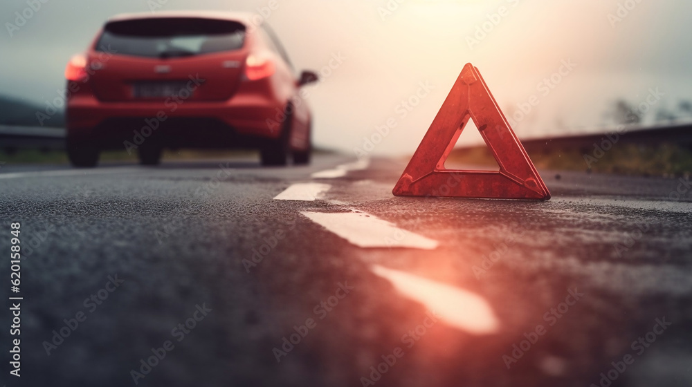 Red emergency stop sign,red triangle warning sign next to highway road ...