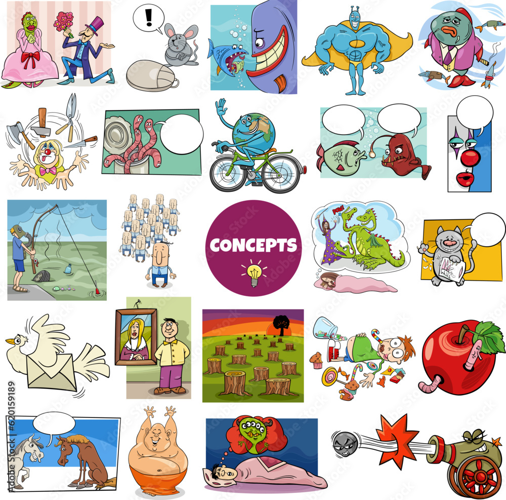 cartoon concepts or metaphors with comic characters big set Stock ...