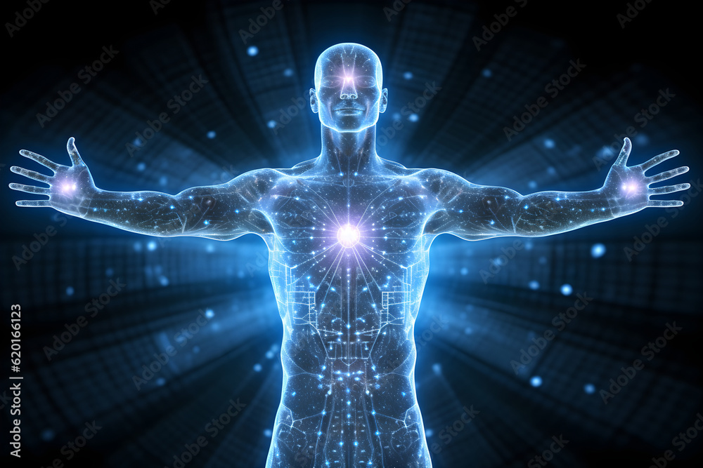 Artificial futuristic holistic human body made of digital symbols ...