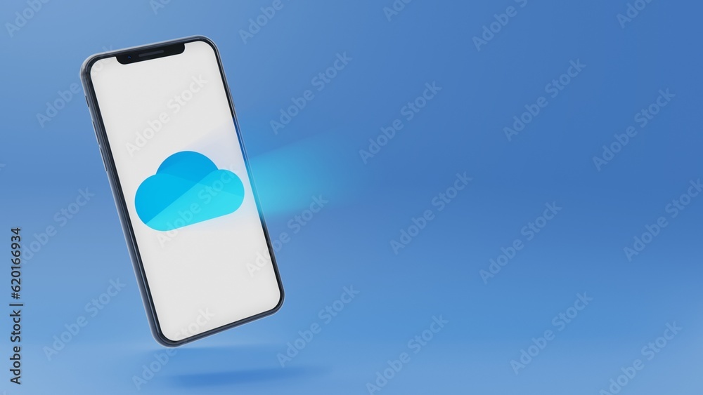 Microsoft OneDrive logo beaming out of floating smartphone. Editorial ...
