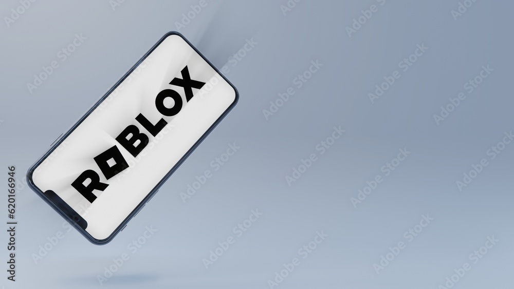 Roblox logo beaming out of floating smartphone. Editorial illustration ...