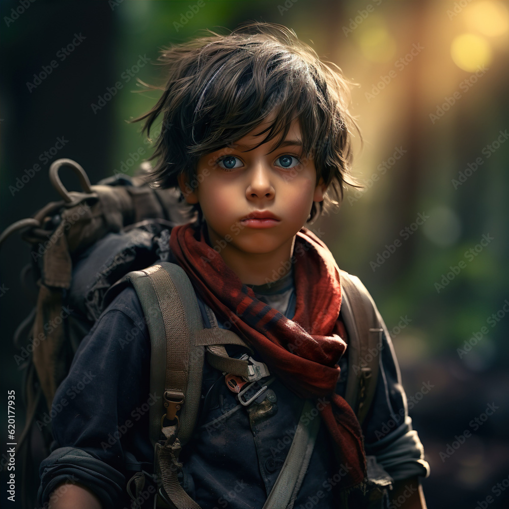 Lovely adventurer boy is exploring forest jungle realistic photo style ...