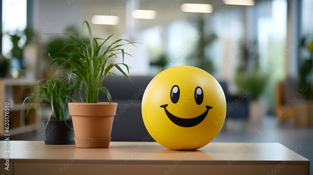 Positivity in the workplace demonstrated by a 3D smiley in the office ...