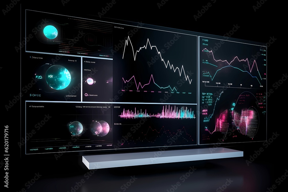 Computer screens showing data and graphs in a night scene at control ...