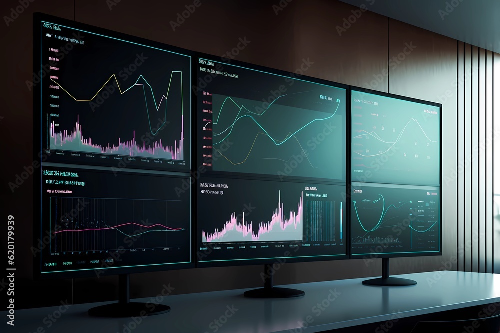 Computer screens showing data and graphs in a night scene at control ...