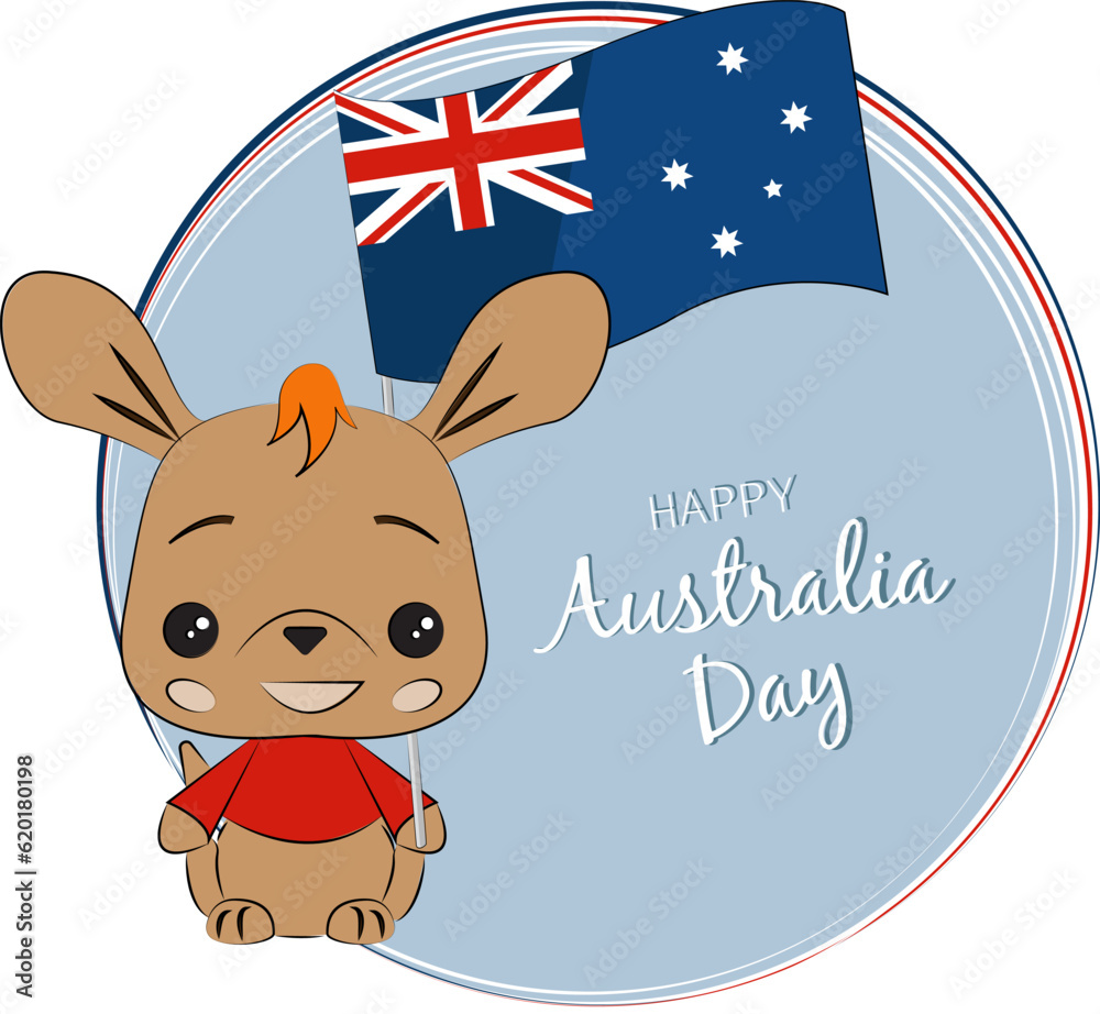 Cute Kangaroo cartoon character holds the flag of Australia on a blue ...