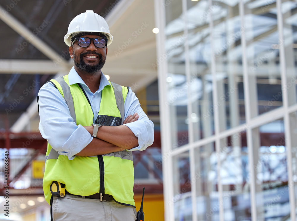 Portrait, architect and black man with arms crossed, smile or happy for ...