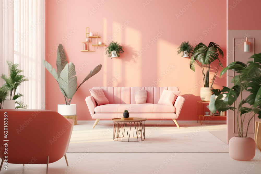 Pink salmon living room interior. Photorealistic illustration of ...