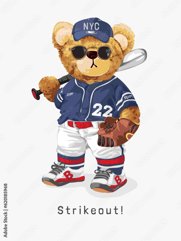 strikeout slogan with cool bear doll in baseball jersey uniform vector ...