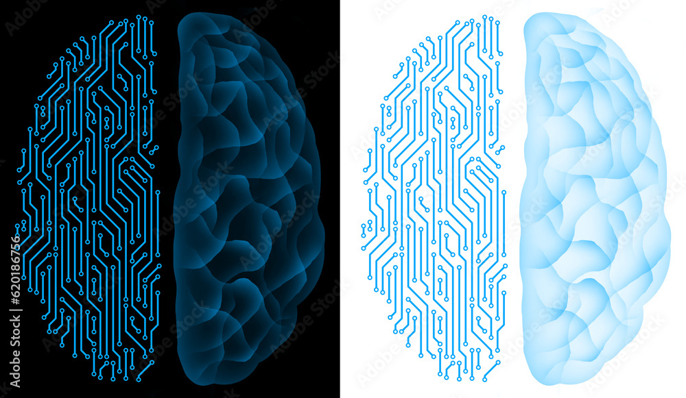 half circuit artificial intelligence brain and half human brain holographic blue neon glow brain ...