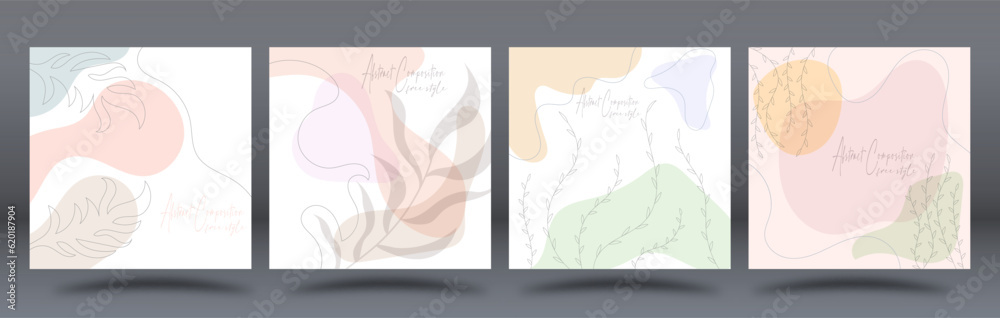 Handmade background layout with arbitrary shapes, plant elements and ...