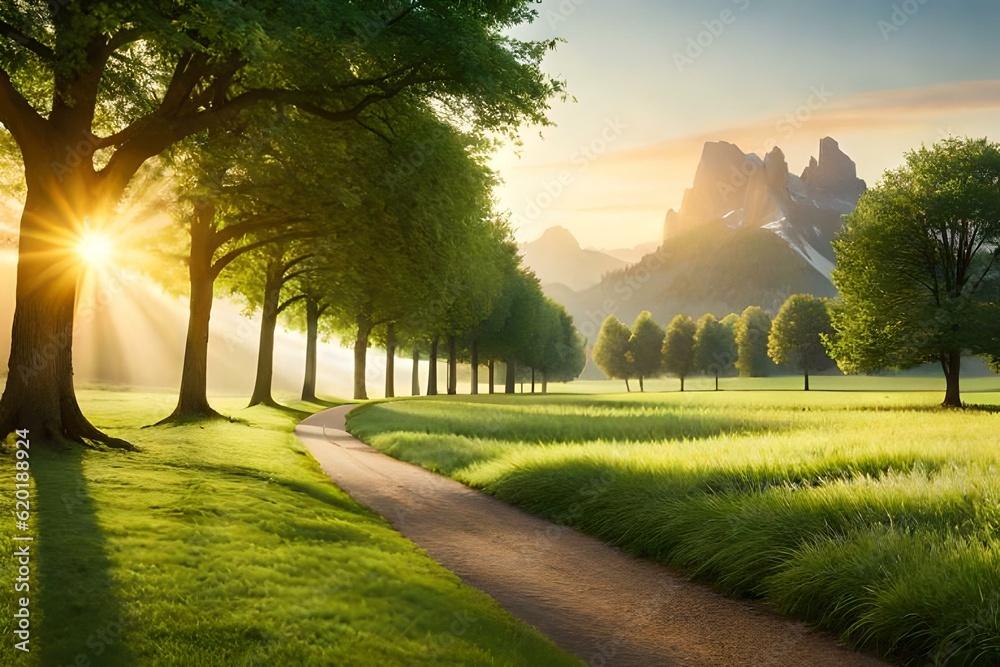 Warm summer widescreen natural landscape of park with a glade of fresh ...