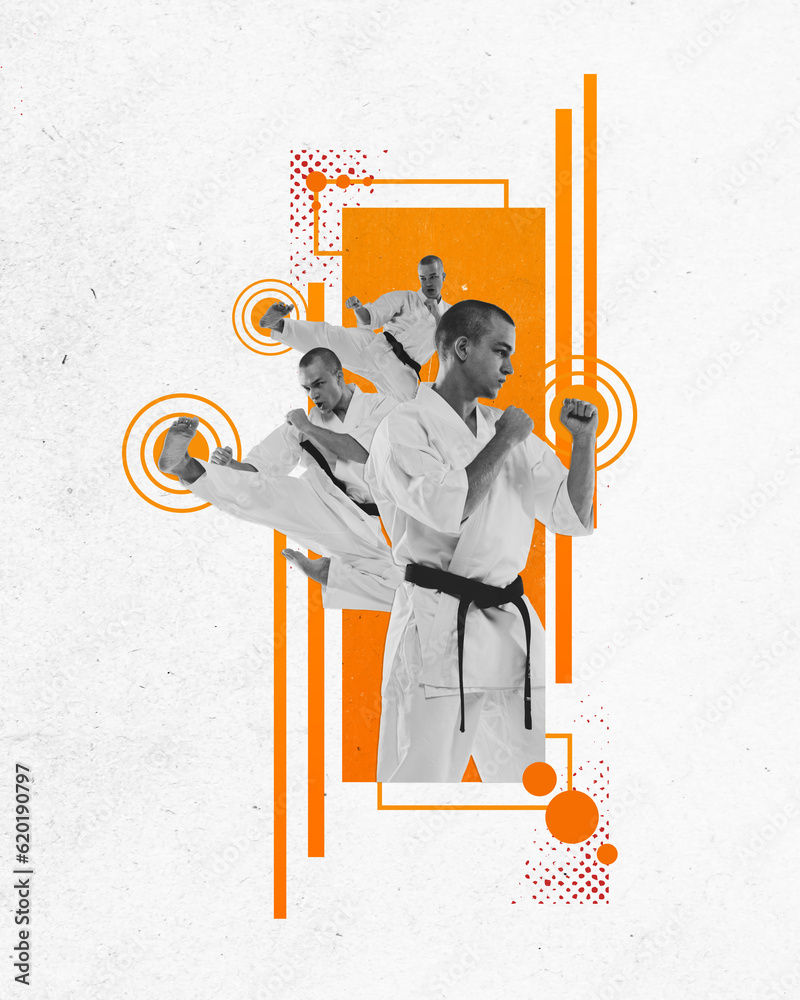 Young man, professional karateka in white kimono, training karate on ...