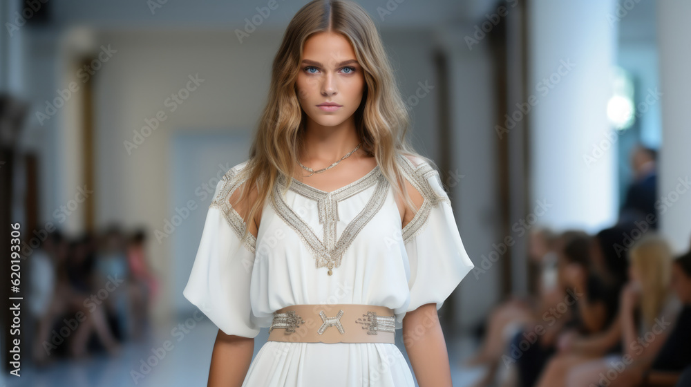 Beautiful top model girl in the fashion week runway wearing white dress ...