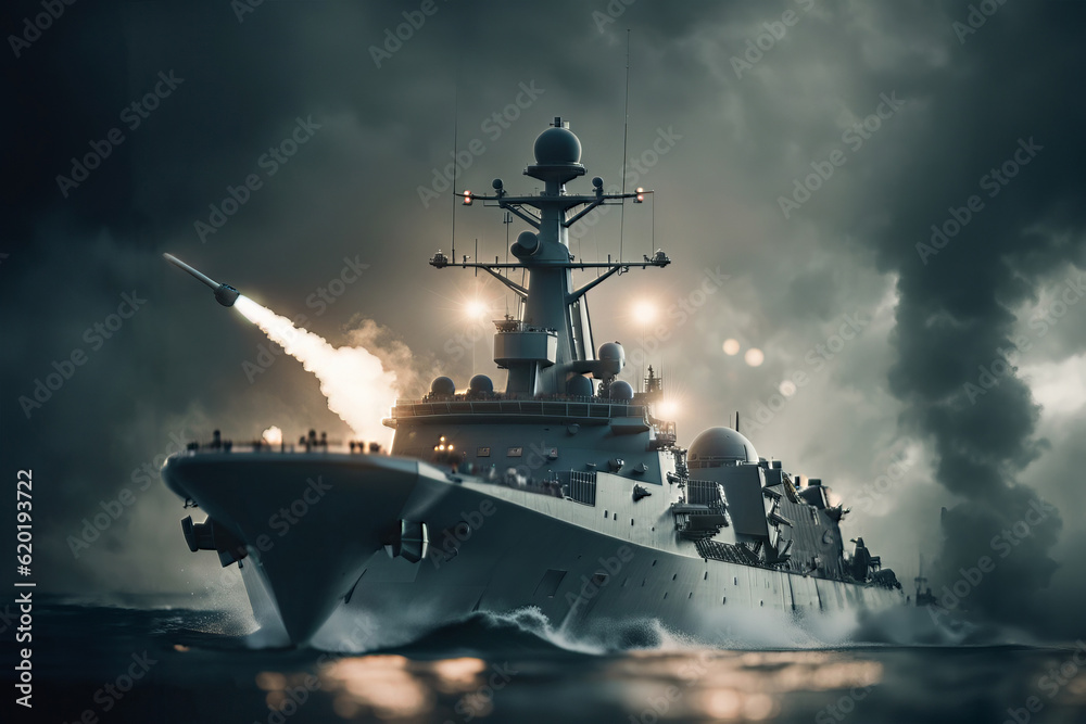 WAR SERIES, Speeding Navy Destroyer Class War Ship Launching a Missile ...