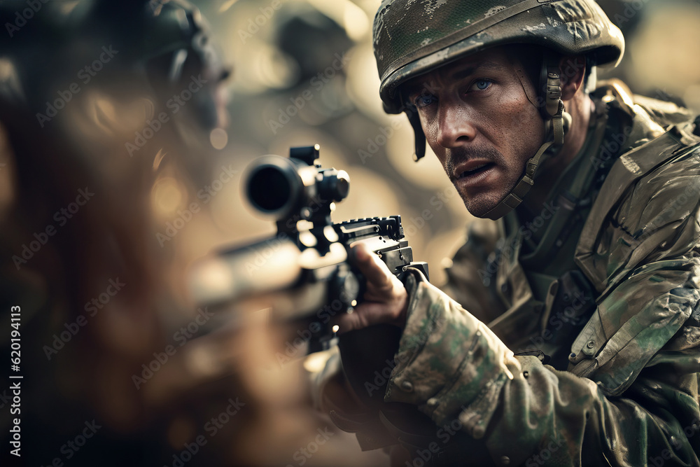 WAR SERIES, Closeup Picture of Soldier with Raised Rifle in Combat ...