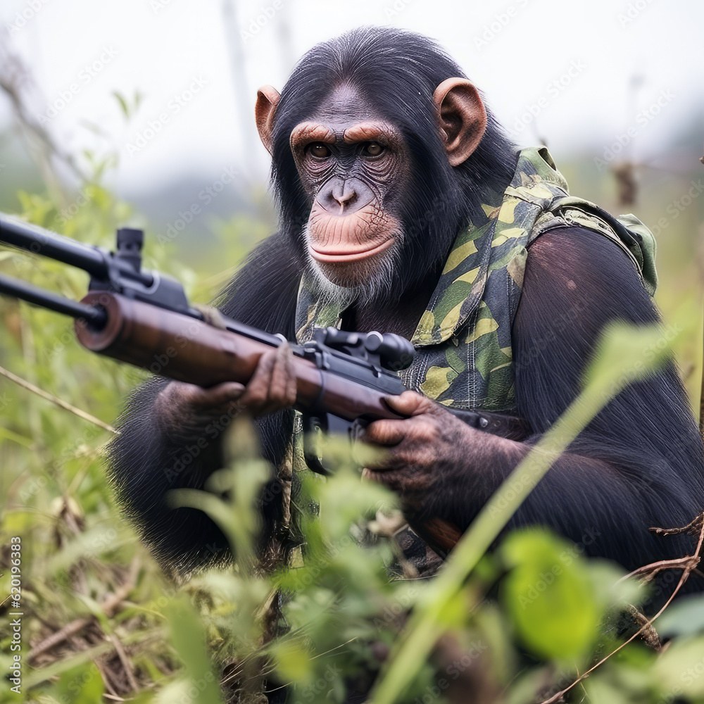 Chimpanzee shooting with a gun Stock Photo | Adobe Stock
