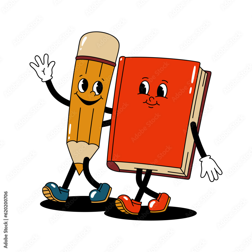 Vector cartoon retro mascot color illustration of walking pencil and ...