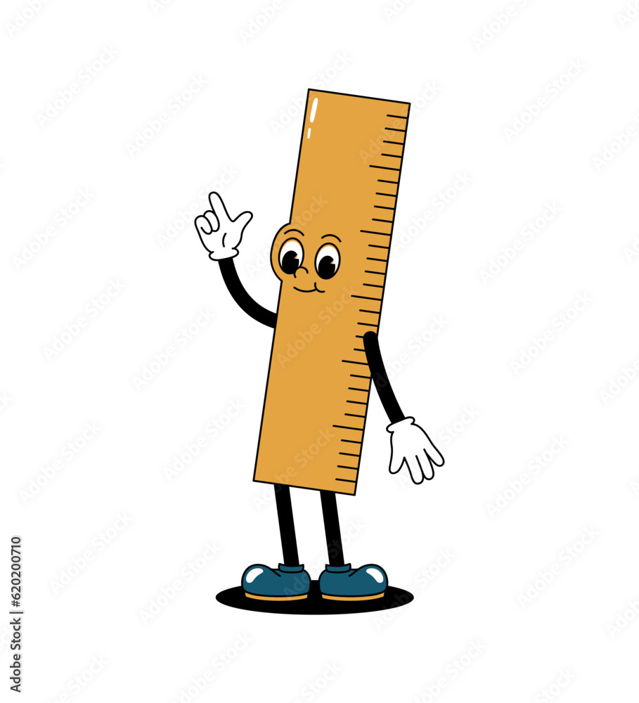 Vector cartoon retro mascot color illustration of walking ruler ...
