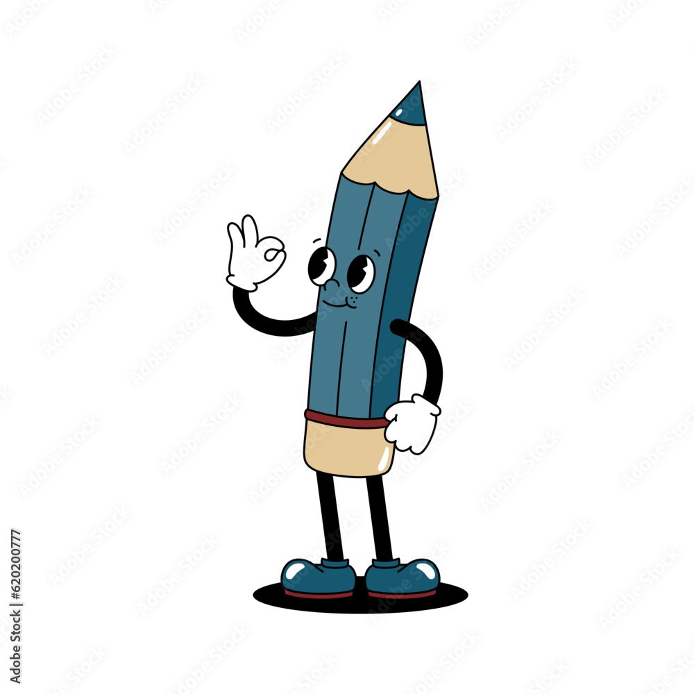 Vector cartoon retro mascot color illustration of walking pencil ...