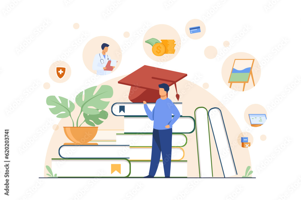 Tiny man with huge textbooks about job vector illustration. Cartoon ...