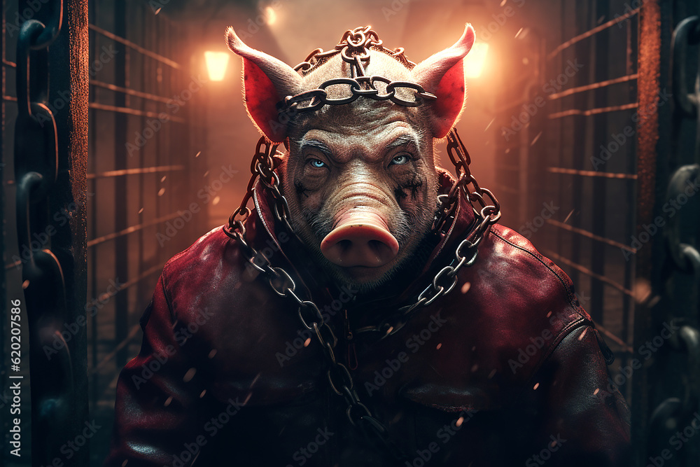 Evil pig-looking criminal behind bars in a prison cell, generative ai ...