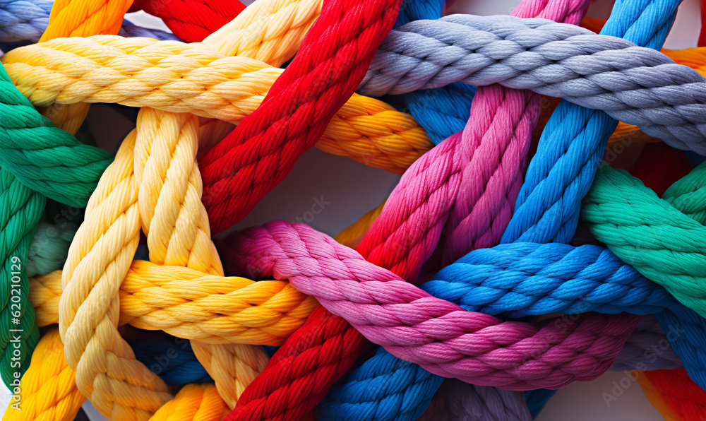 A tangled pile of coloured rope. Confusion and thought process concept ...