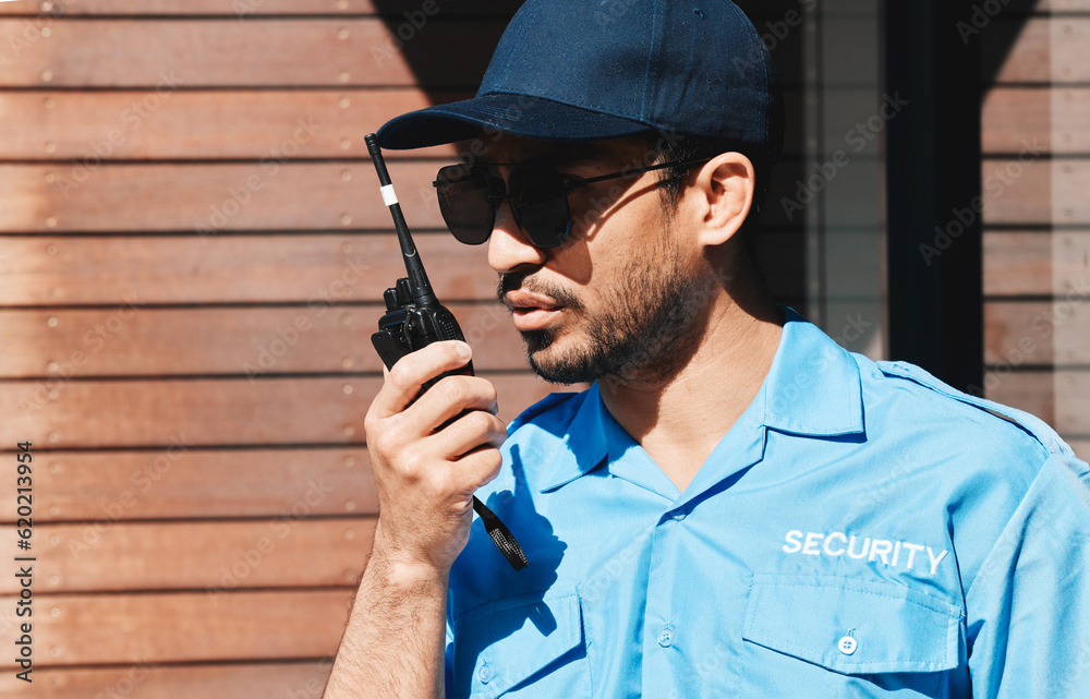 Security guard, walkie talkie and safety officer man outdoor for ...
