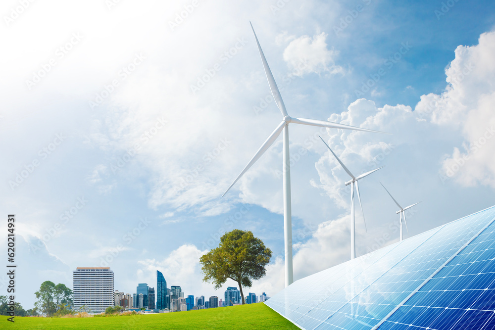 wind turbine farm, Solar panel and smart city in the background ...