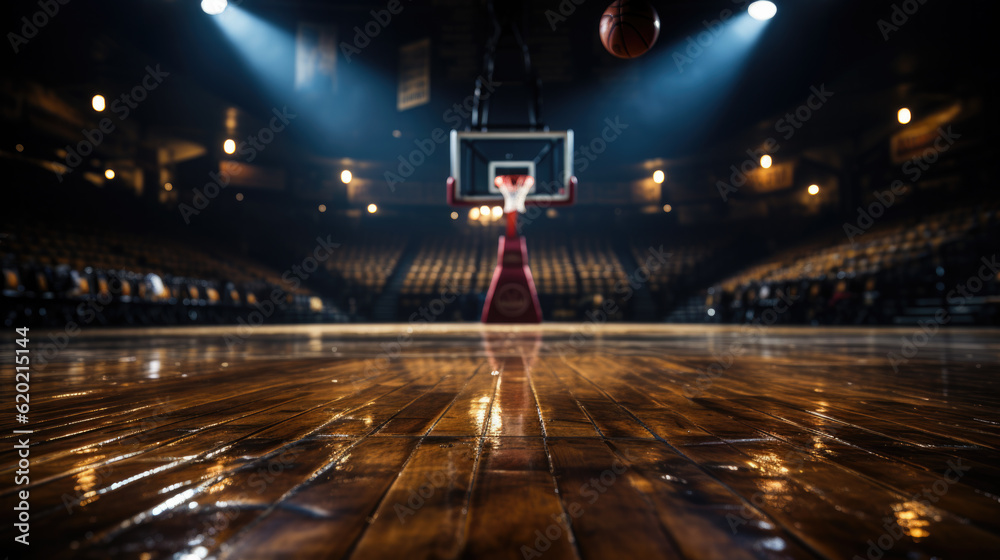 Shining basketball court with wooden floor illustration. Modern indoor ...