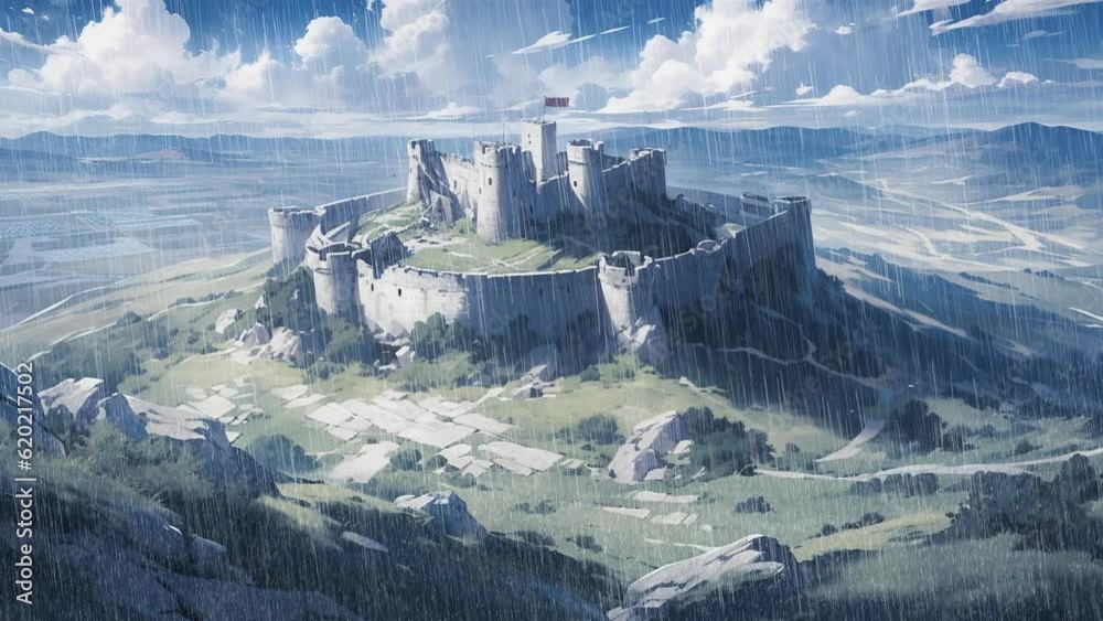 An ancient fortress on a hilltop on a rainy day, anime art loop ...
