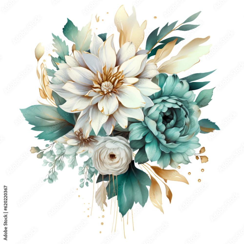 Teal and Gold Flowers Watercolor Clip Art, Watercolor Illustration ...