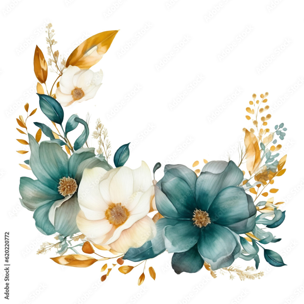 Teal and Gold Flowers Watercolor Clip Art, Watercolor Illustration ...