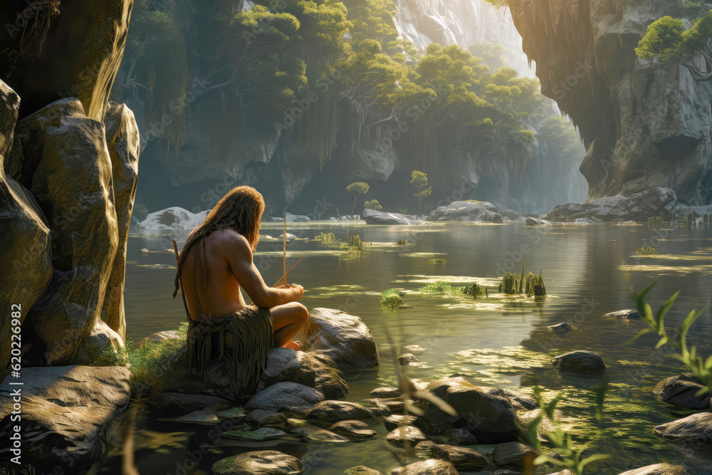 Neanderthal life - Depiction of a Neanderthal hominid using primitive ...