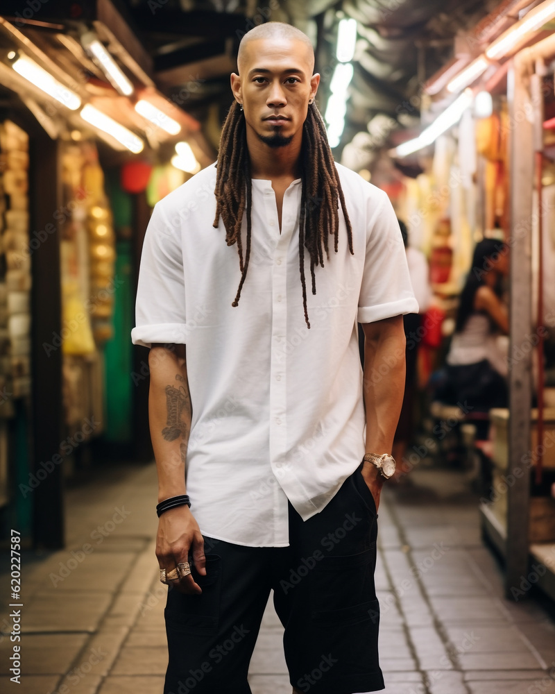 Generative ai handsome asiatic black man with braids hairstyle looking ...