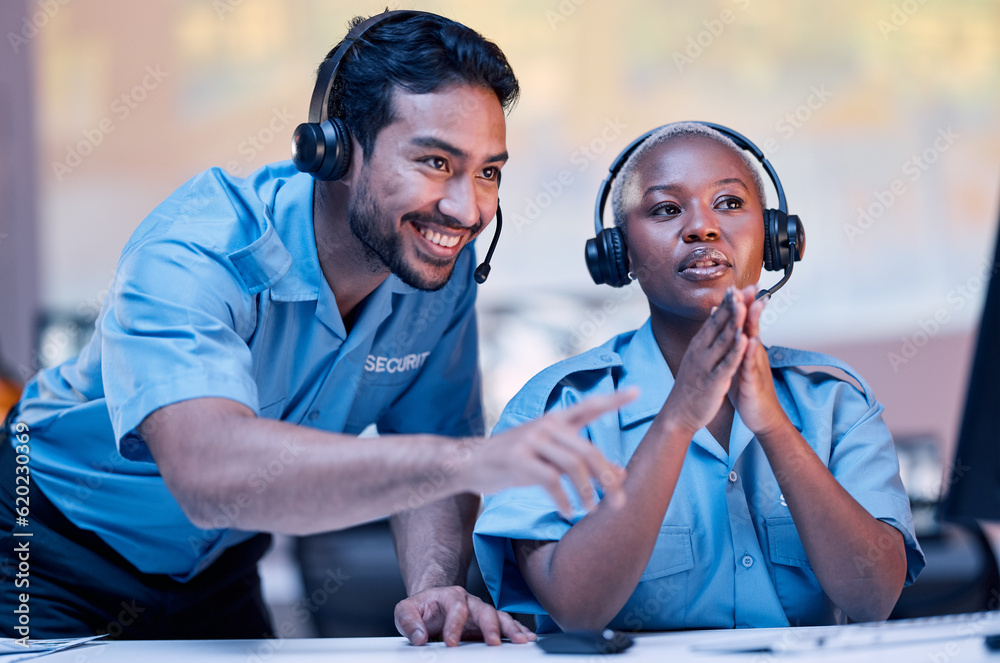 Security, surveillance and a man training a black woman in a control ...