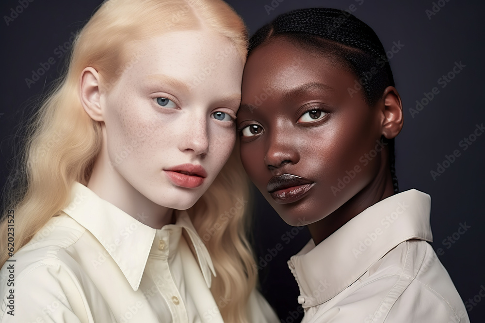 Caucasian albino girl and african american young woman posing in studio ...