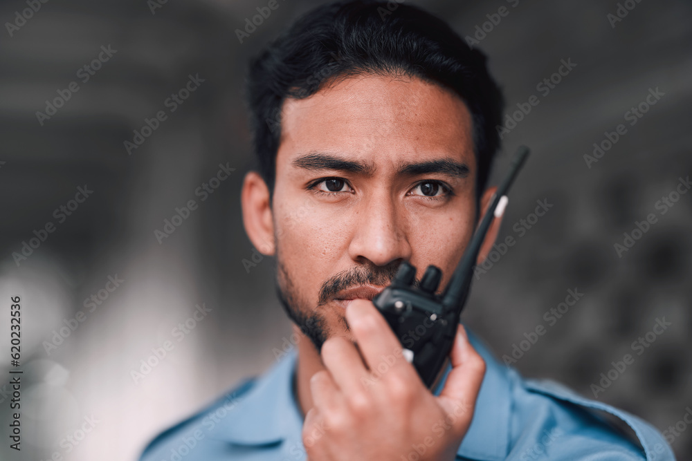 Security guard, walkie talkie or safety officer man outdoor for ...