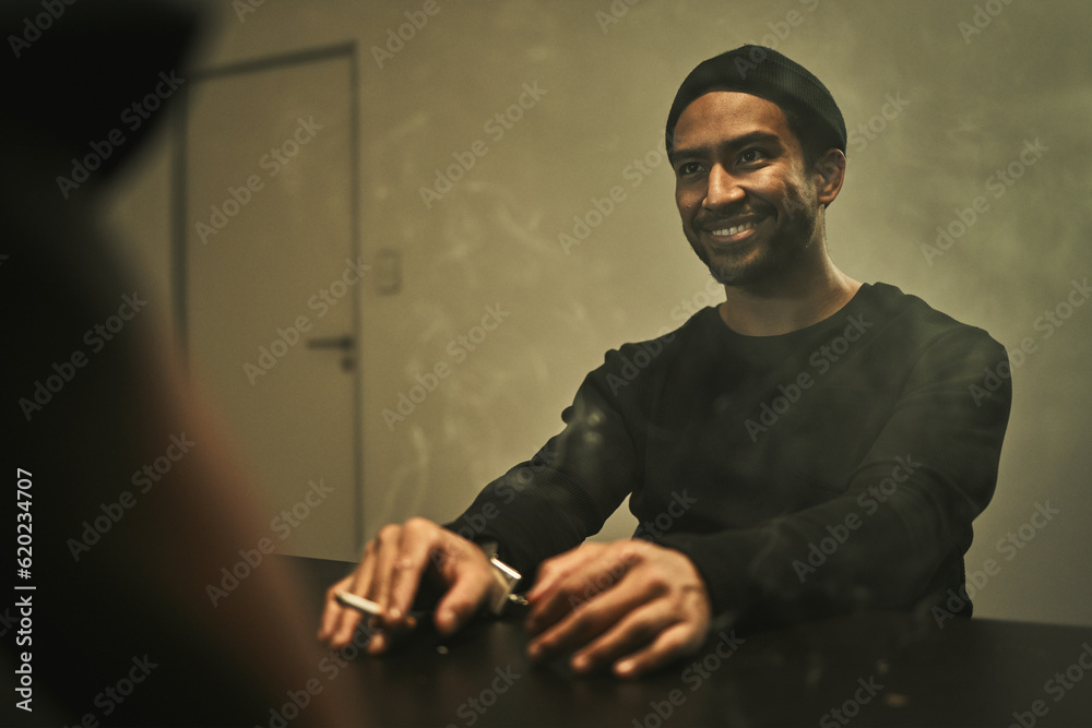 Man, suspect smoking and detective in interrogation room with criminal ...