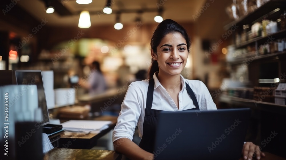 Portrait Cheerful female store owner with a laptop, side view, blurred ...