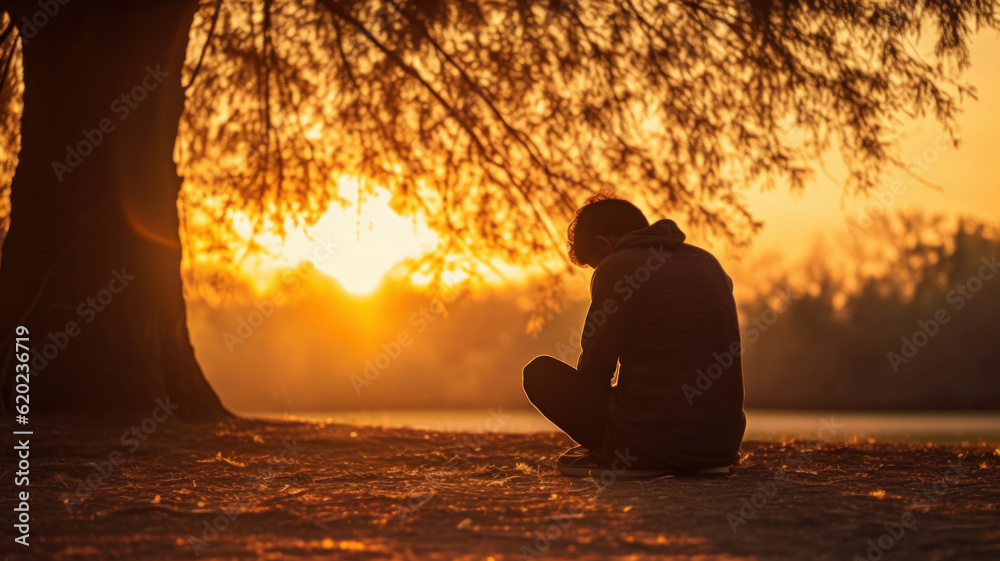 person sitting on nature looking down. sadness and depression Stock ...