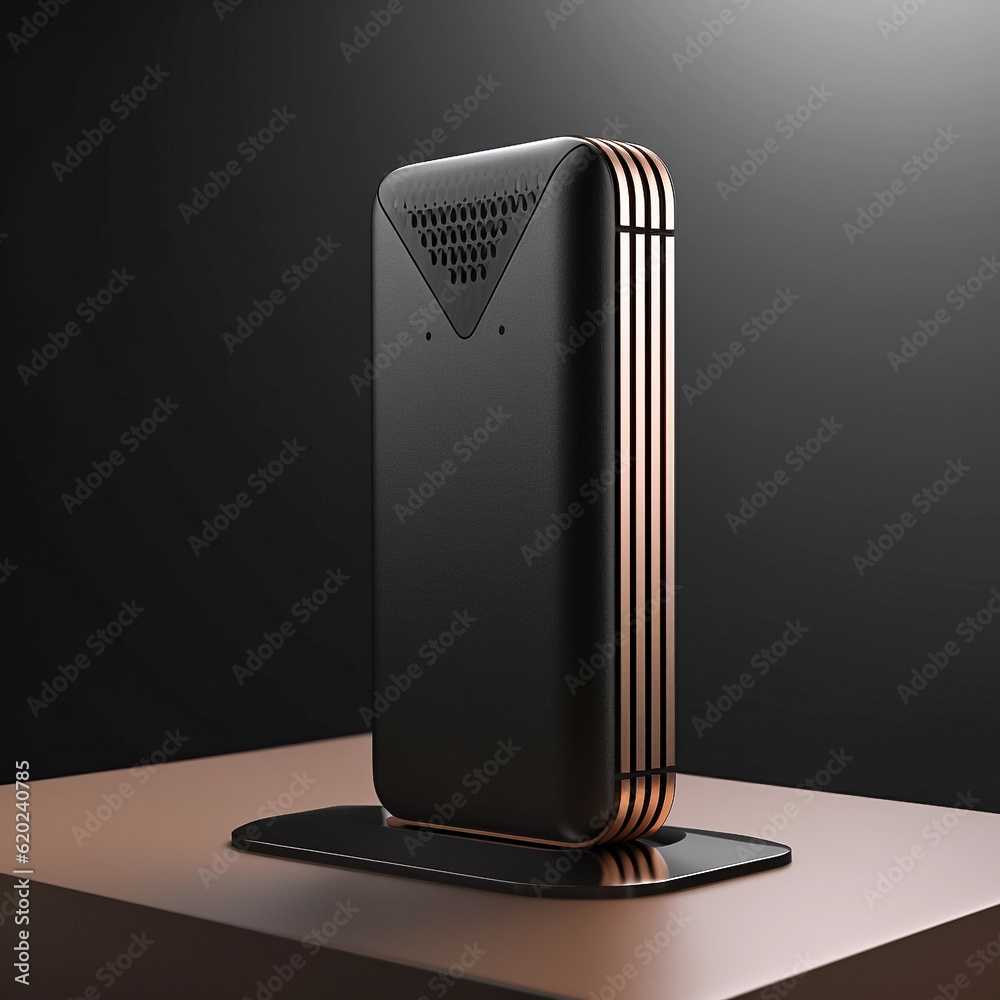 Portable charge power bank. Advertising photo on dark background, blank ...