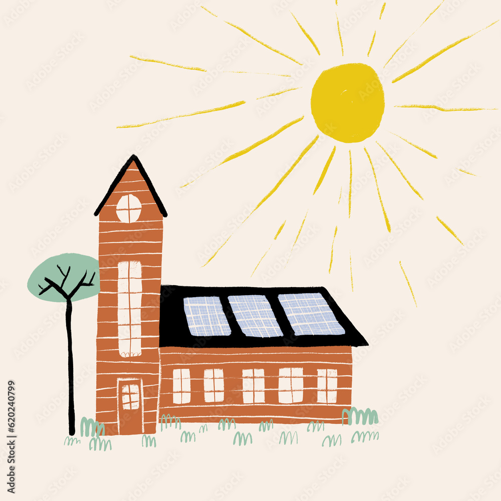 Hand drawn illustration of house with tree and sun against white ...