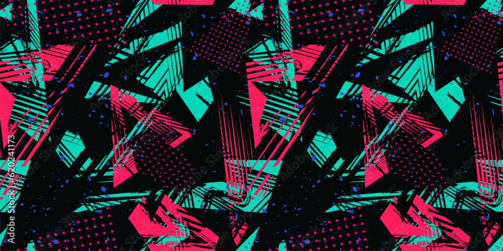 Abstract neon sporty seamless pattern. Urban street art. Grunge texture ...