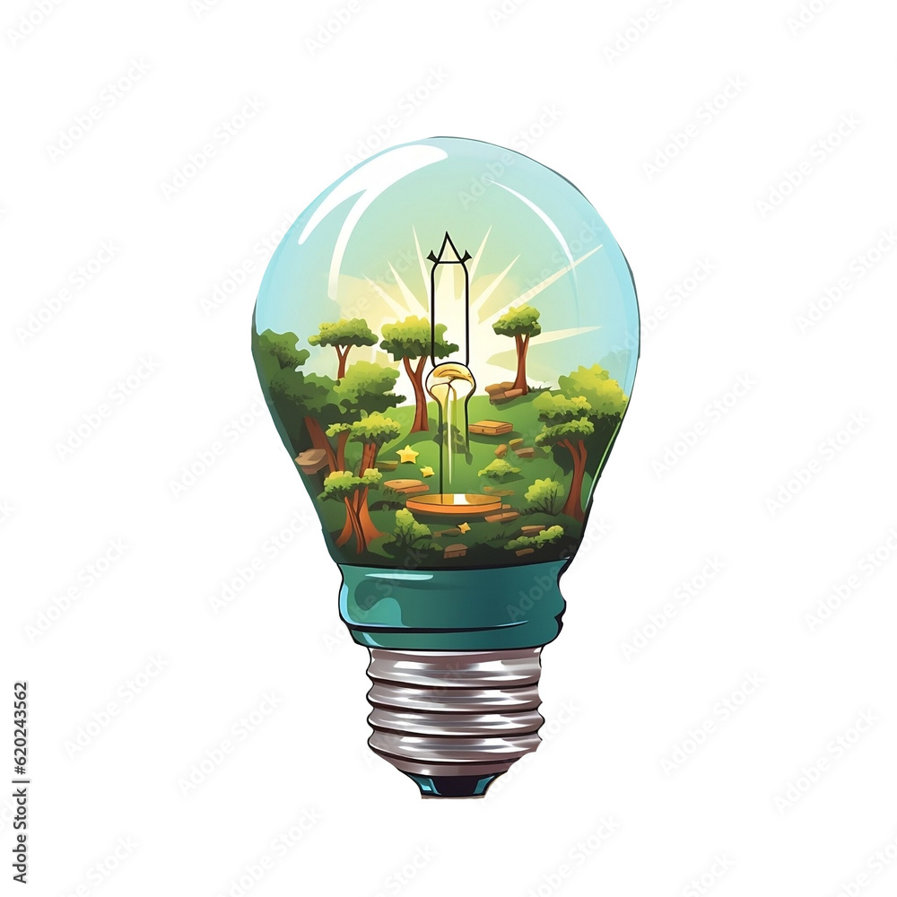 art style light bulb There is a forest and trees inside, a light bulb ...