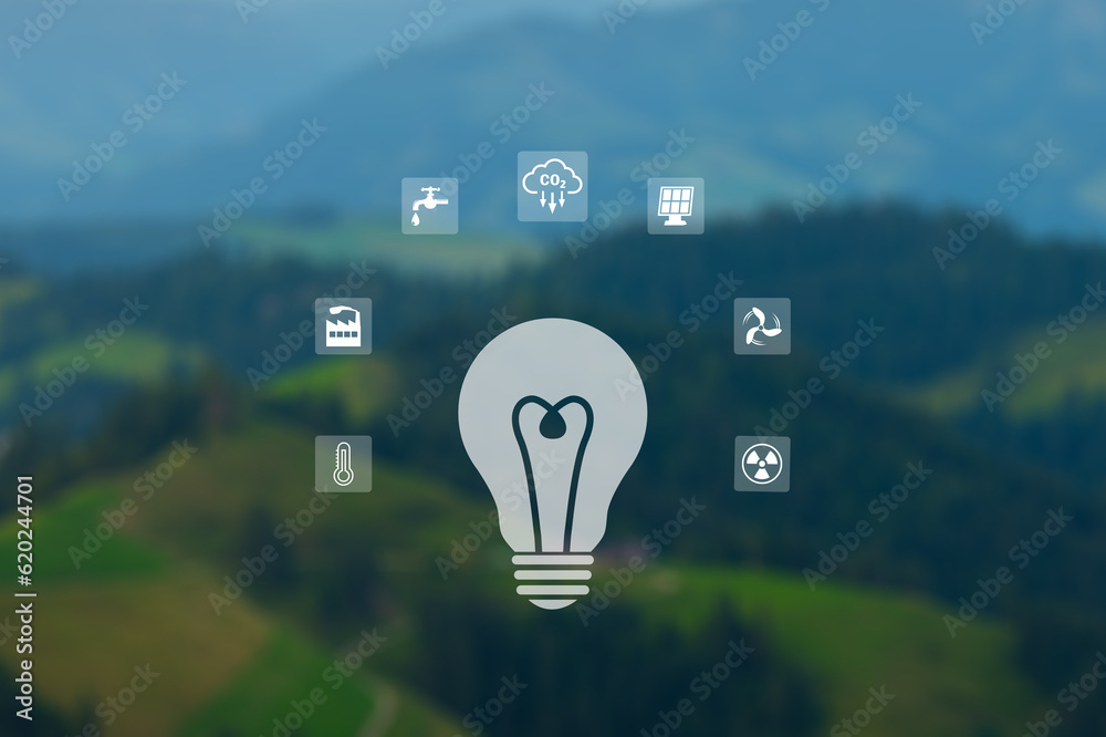 Co2. Light bulb with natural green background with icons in co2 ...